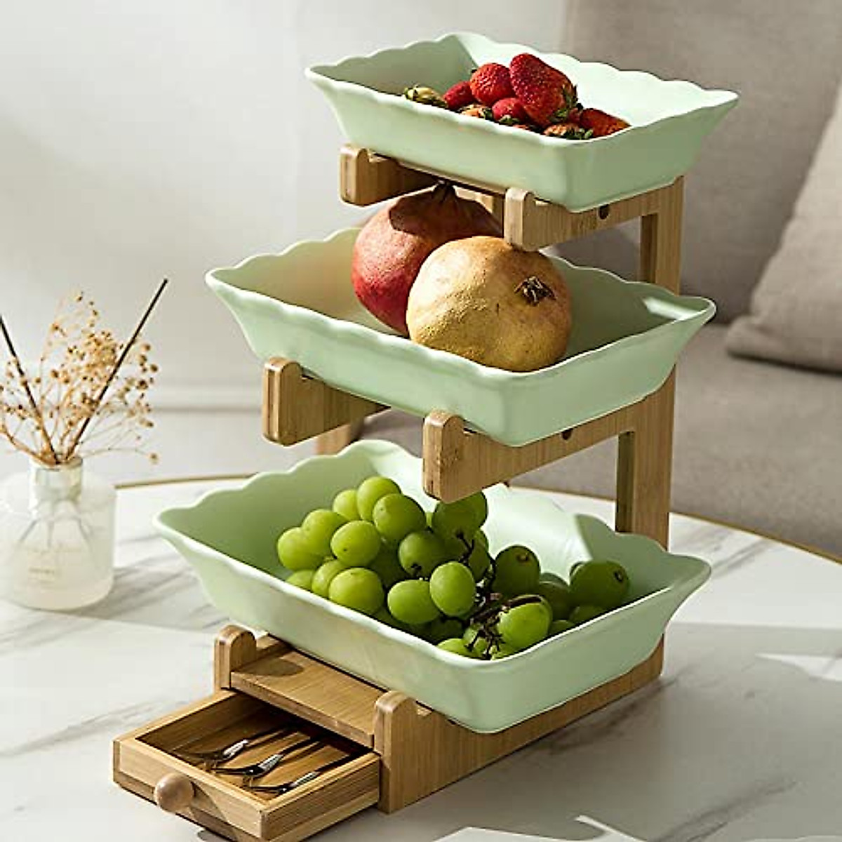 GENDLTHIJ 3 Tier Ceramic Fruit Bowls for Kitchen Fruit Basket for Kitchen Counter, Ceramic Fruit Serving Tray with Bamboo Stand, for Fruit Vegetable Snack Dessert (Three Tier White with Drawer)
