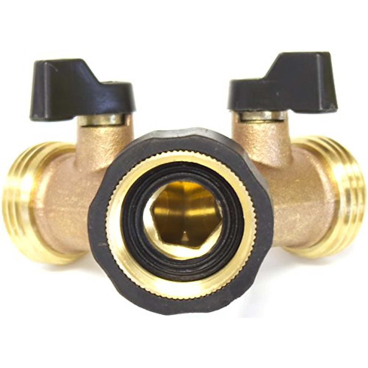 Kasian House Heavy Duty Solid Brass Garden Hose Splitter, Y Valve, 2 Way Connector for Outdoor Faucet, Comfort Grip Handles, 2 Extra Threads