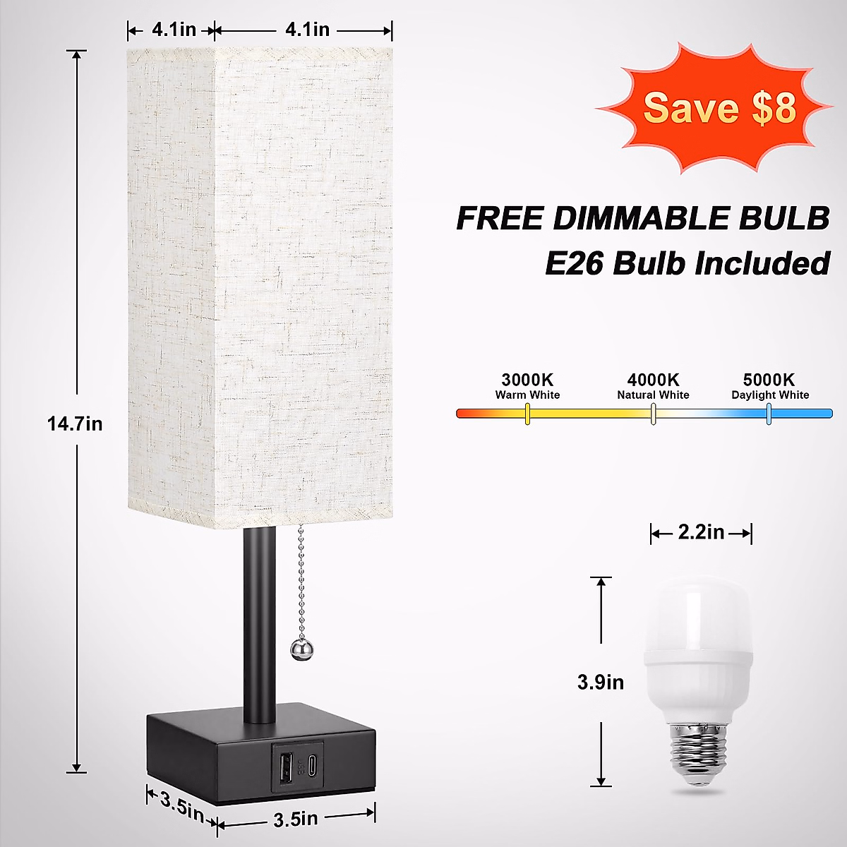 Aooshine Bedside Table Lamp with 3 Levels Brightness - 2700/3500/5000K Small Lamp with USB C+A Ports, Nightstand Light with 3 Color Modes by Pull Chain, Bedroom Lamp for Living Read(LED Bulb Included)