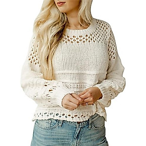 Dokotoo Women's Balloon Long Sleeve Sweater Tops Round Neck Crochet Hollow Out Knit Pullover Jumper Tops Sweaters for Women White Small