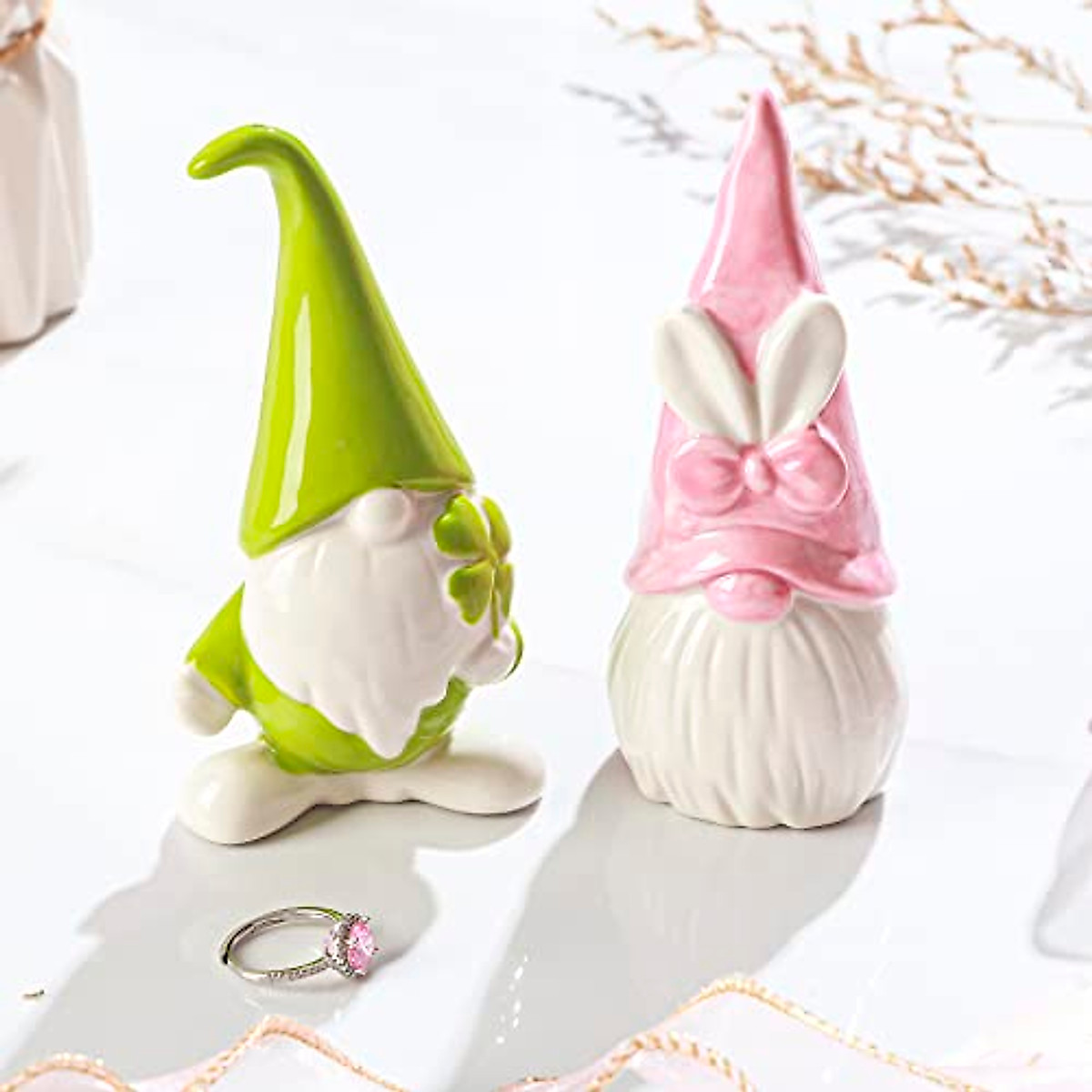 PUDDING CABIN Pink Bunny Gnome Figurine Ring Holder Ring Stand Ring Display Rings Organizer, Cute Gnome Decor for KitchenBathroom Bedroom Beside, Gnome Gifts for Women Girls Birthday, Easter Decor