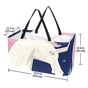 KQNZT Reusable Grocery Bags, Heavy Duty Reusable Shopping Bags, Large Tote Bags with Long Handles and Reinforced Bottom, Unicorn Cartoon Castle