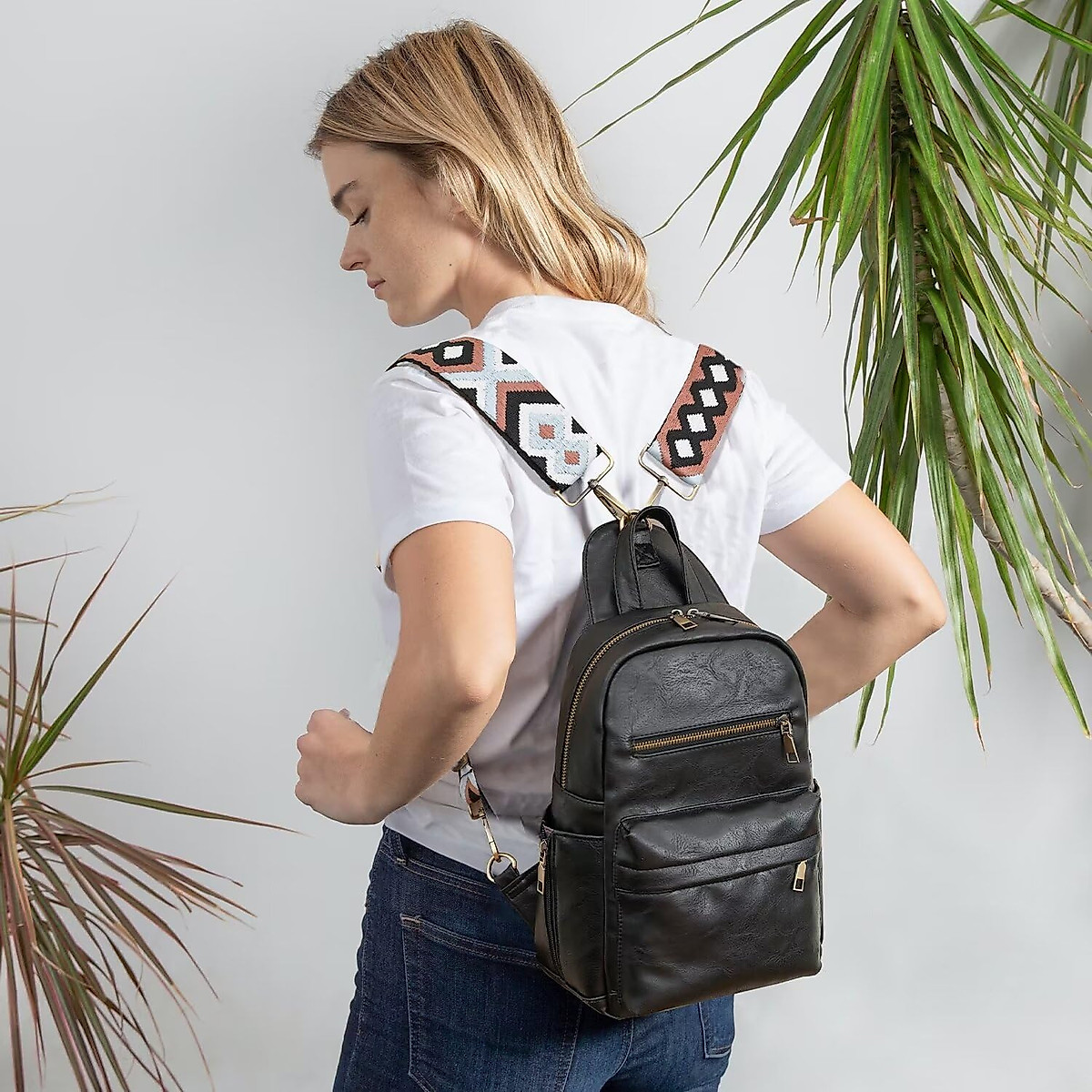 JYOPA Sling Bags Small Backpack for Women Leather Backpack Purse Fashion Mini Convertible Crossbody Bag Guitar Strap Black