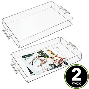 mDesign Modern Acrylic Rectangular Serving Tray with Handles for Food, Tea, Coffee, Breakfast, Snacks, Cheese, Appetizers - Use in Kitchen, Bathroom, Office - Small, 2 Pack - Clear/Stainless Steel
