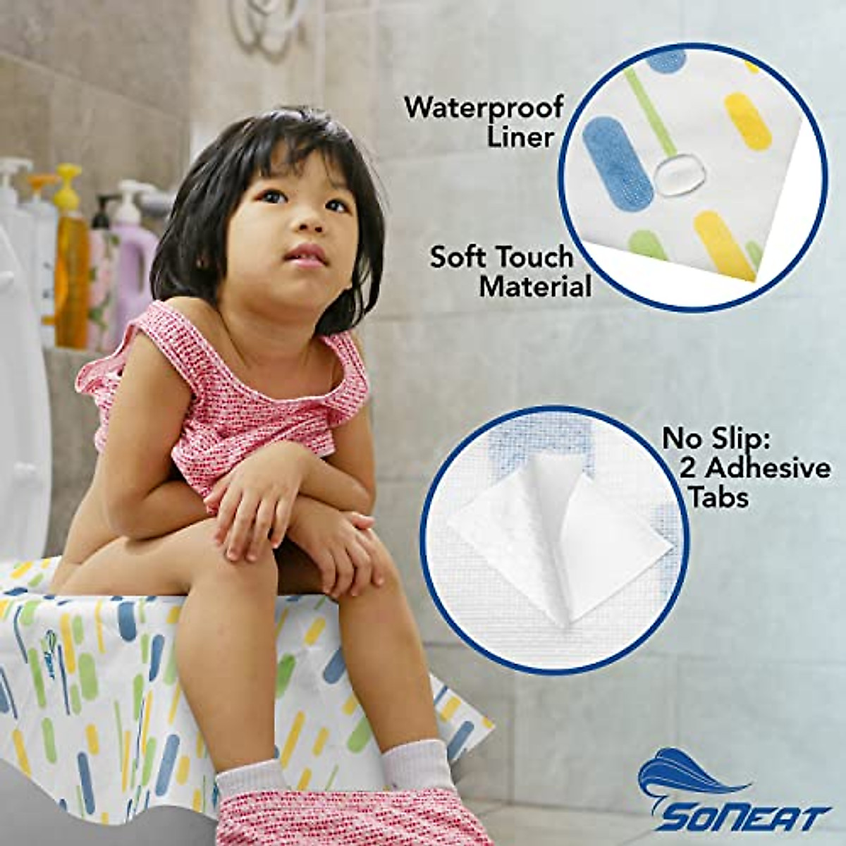 SoNeat Disposable Toilet Seat Cover - Extra Large Waterproof Toilet Seat Covers, Potty Training Seat Liners for Kids Travel and Public Restrooms, (Bright Lines, 4)