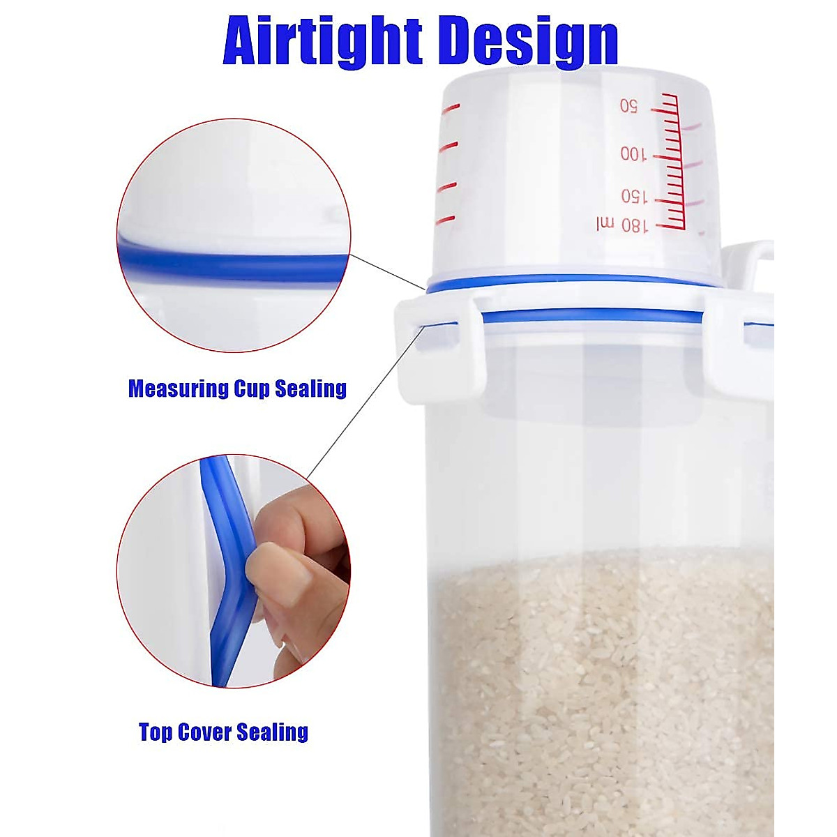Airtight Rice Containers, BPA Free 3L Bin Dispenser with Pouring Spout, Measuring Cup for Cereal, Flour and Grain, Include a Stainless Steel Whisk and a Rice Spoon