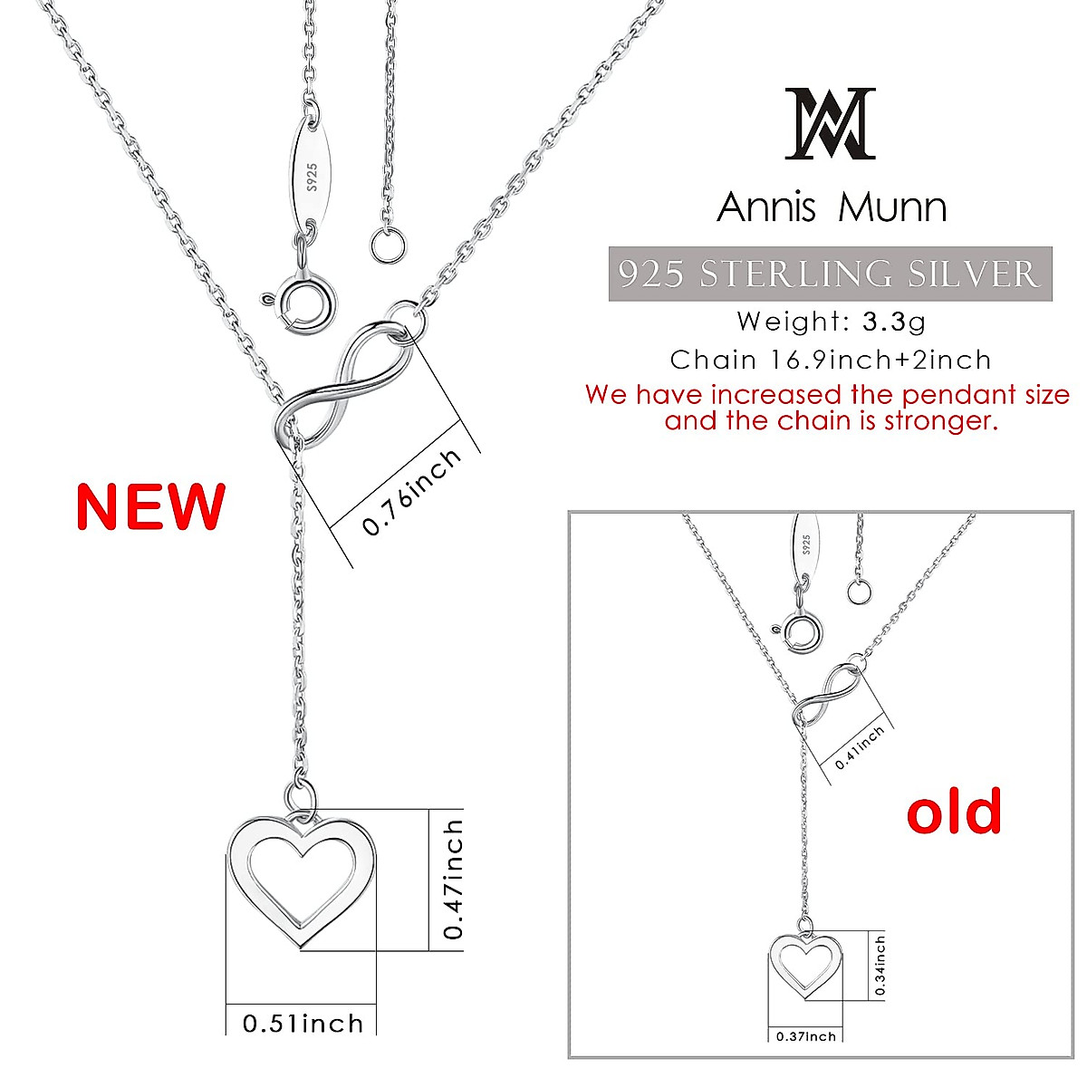 AM ANNIS MUNN Infinite Heart Necklace - 925 Sterling Silver Heart Necklaces for Women Gifts for Wife Women on Birthday Womens Jewelry Necklace