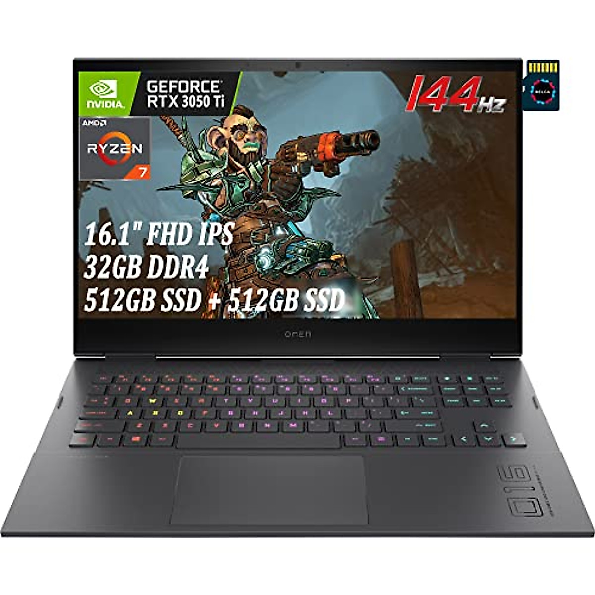 HP Omen 16 Gaming Laptop I 16.1'' FHD 144Hz IPS AMD 8-Core Ryzen 7 5800H (> i7-10750H) 32GB DDR4 512GB SSD + GeForce RTX 3050 Ti 4GB RGB Backlit USB-C B&O Win11 Micro SD Card, Black,
