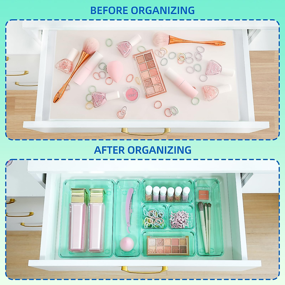 25 PCS Plastic Drawer Organizers Set, 4-Size Bathroom & Vanity Drawer Organizer Trays, Storage Bins for Makeup, Bedroom, Kitchen Gadgets Utensils & Office (Green)