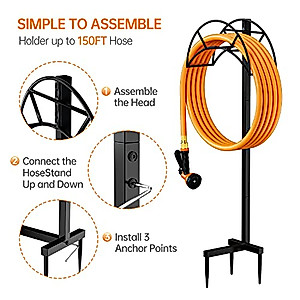 Hongmai Garden Hose Holder Freestanding, Heavy Duty Water Hose Hanger Hose Reel for Outdoor, Detachable Metal Hose Stand Hose Rack Hose Storage for Garden Lawn Yard (Black A)