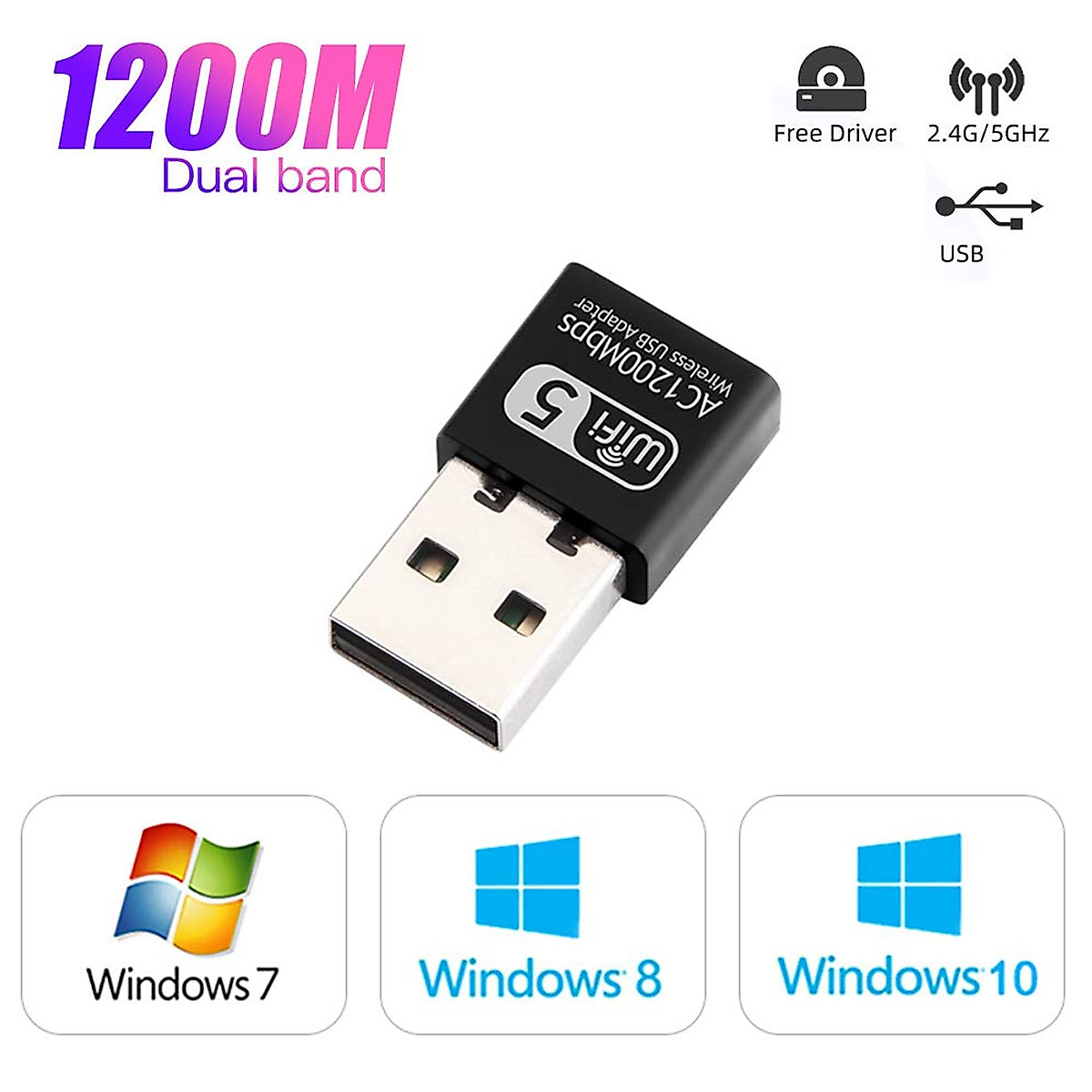 KuWFi Wireless USB Adapter, Dual Band AC1200 WiFi Adapter USB Network Card Dongle 1200Mbps 5Ghz Antenna for Desktop Laptop PC