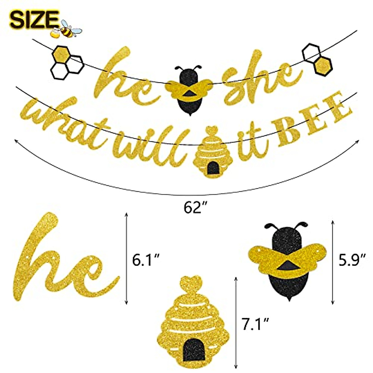 He or She What Will It Bee Banner Gender Reveal Garland with Bee and Beehive Baby Shower Glitter Party Favor Supplies Decorations