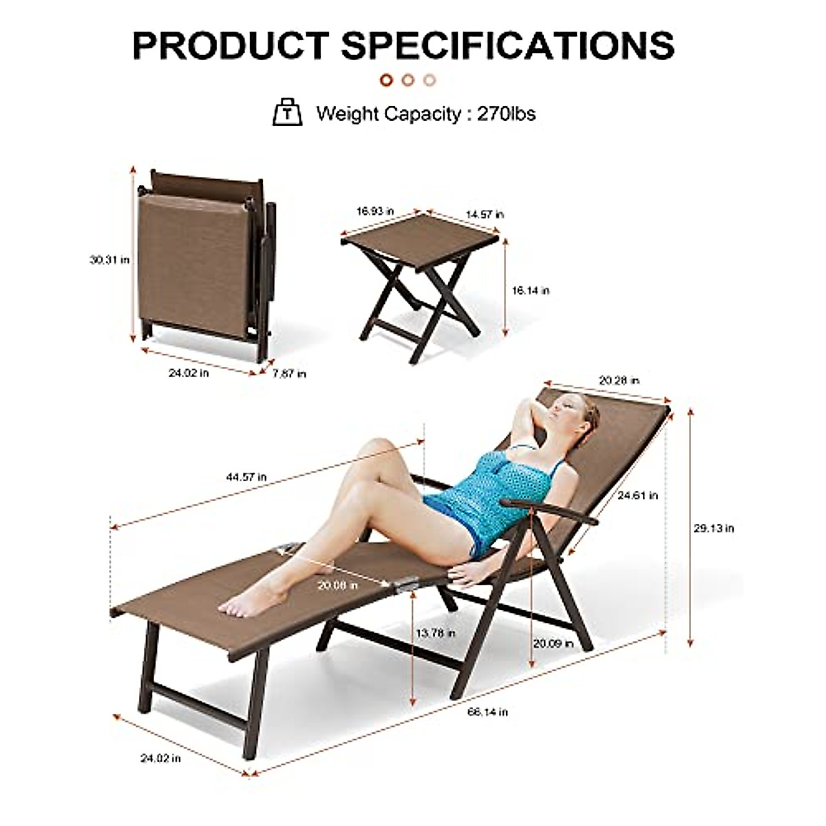Crestlive Products Folding Patio Chaise Lounge Chair for Outside Aluminum Adjustable Outdoor Pool Recliner Chair, Brown Frame, 8 Positions (2PCS Brown Lounge Chair with 1PC Table)