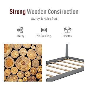 Merax Wood House Bed,Floor Bed with Wood Slats,No Box Spring Needed,Twin Size, Grey