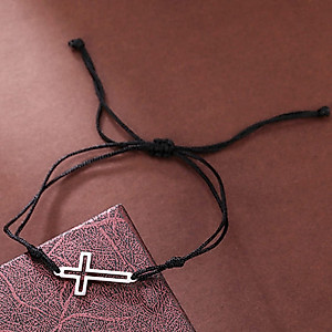 UNIFT Cross Bracelet For Women Men Stainless Steel Hollow Out Cross Adjustable Sideways Double Rope String Bracelet Christian Catholic Jewelry (silver, Stainless Steel)