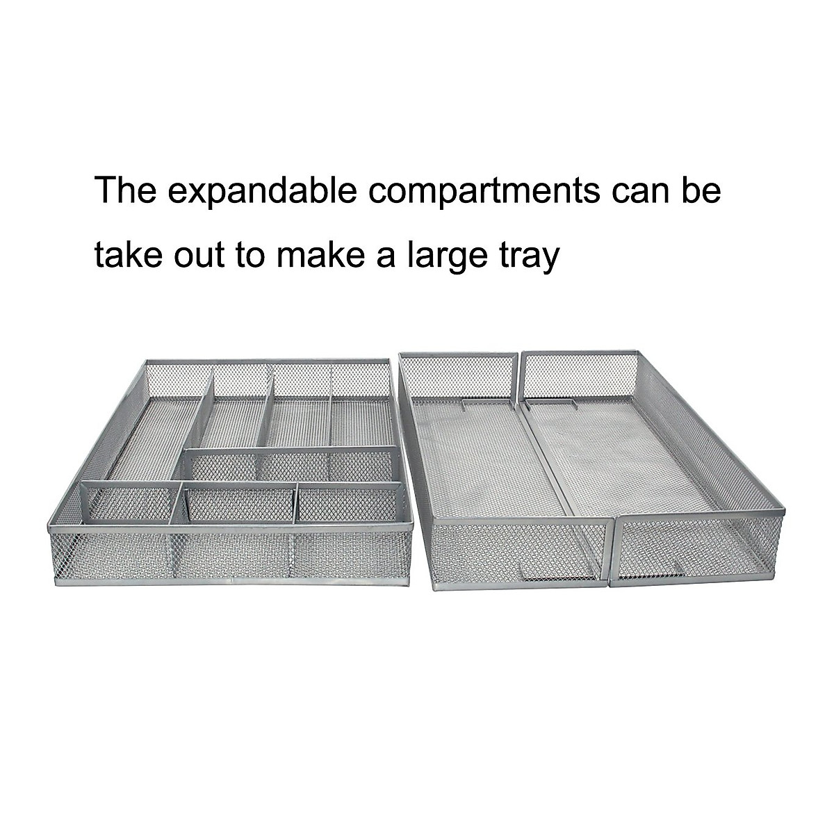 TQVAI Expandable Kitchen Drawer Organizer, 8+2 Compartments Mesh Silverware Utensils Holder, Adjustable Cutlery Flatware Tray, Silver