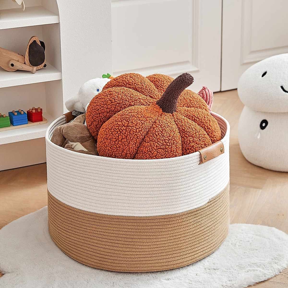 R RUNKA Extra Large Basket 22" x 14", Soft Woven Storage Basket with Leather Handles,Big Basket and Organizer for Laundry, Toys, Books and Baby Blankets