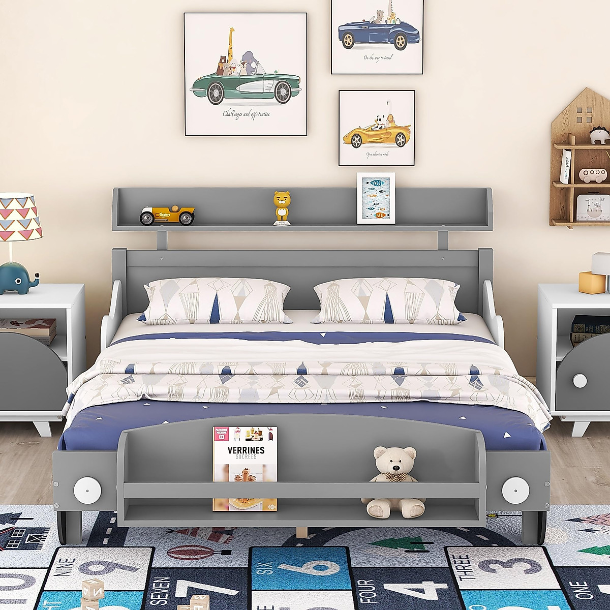 Race Car Bed Full Size, Wooden Low Bed Frame with Storage Headboard and Footboard, Playhouse Bed for Kids, Boys Girls, Gray