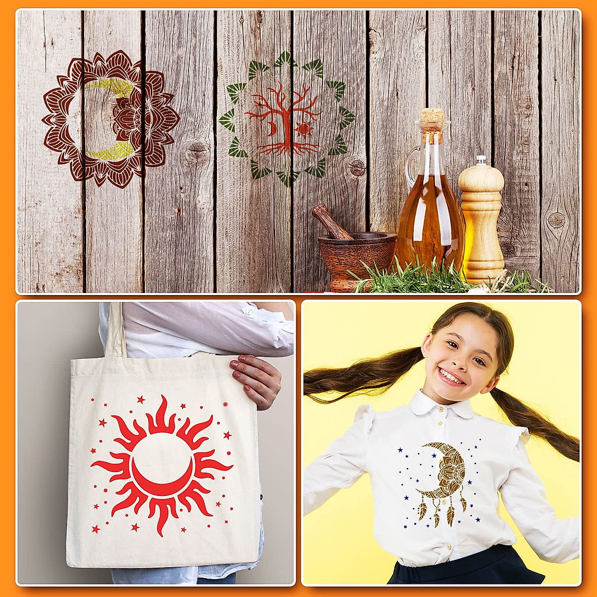 9 Pieces Mandala Sun and Moon Stencil Moon Sun Flower Star Stencil Mandala Sun Moon Stencils Reusable Painting Templates with Metal Open Ring for DIY Scrapbooks Painting on Wood Wall Home Decor Supply