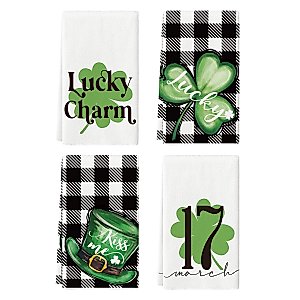 Artoid Mode Buffalo Plaid Clover Shamrock Lucky Charm St. Patrick's Day Kitchen Towels Dish Towels, 18x26 Inch Seasonal Kiss Me Hat Decoration Hand Towels Set of 4