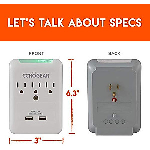 ECHOGEAR Outlet Extender Multiplug with 3 AC Outlets & 2 USB Ports – Low Profile Design Sits Just 1.1" from Wall - Protects Your Gear with 540 Joules of Surge Protection