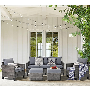 SUNSITT Outdoor Patio Ottoman Set of 2, All Weather Rattan Outdoor Ottoman Set, Grey Wicker Footstool Ottoman Footrest Seat w/Olefin Grey Cushions for Balcony, Porch and Deck