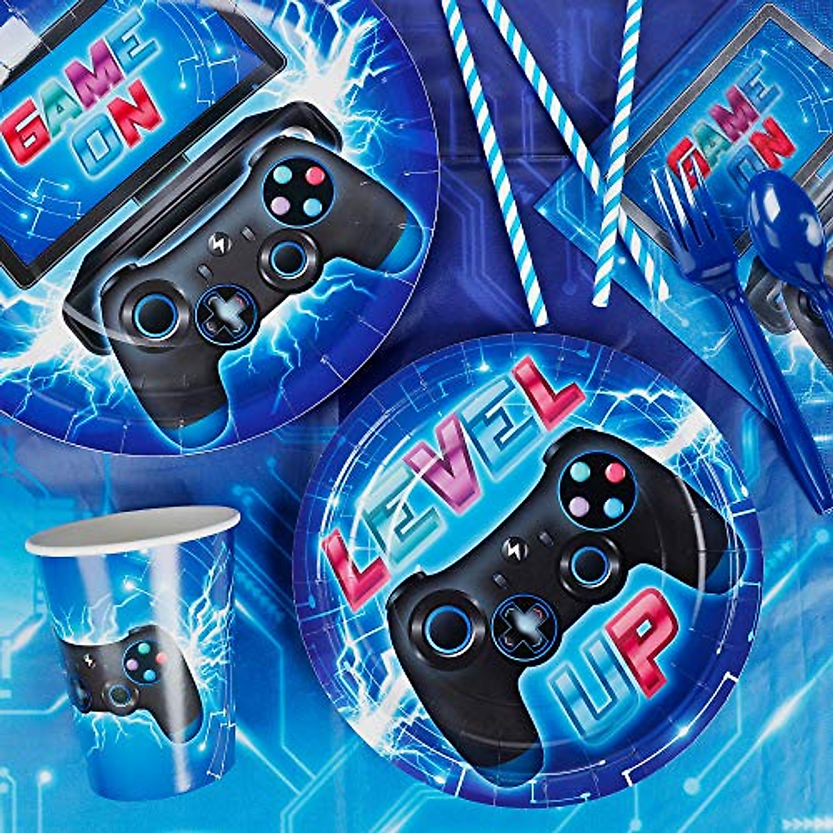 DECORLIFE Game on Party Supplies Serves 24, Blue Video Game Party Supplies Includes Tablecloth, Popcorn Boxes, Birthday Plates for Boys Gamer Party Decorations, Total 200PCS