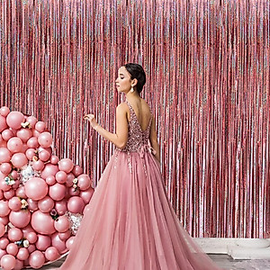 Vanujoy 2 Pack Iridescent Rose Gold Tinsel Foil Fringe Backdrop Curtains - Wall Door Party Decorations for Birthday Bachelorette Engagement Bridal Shower