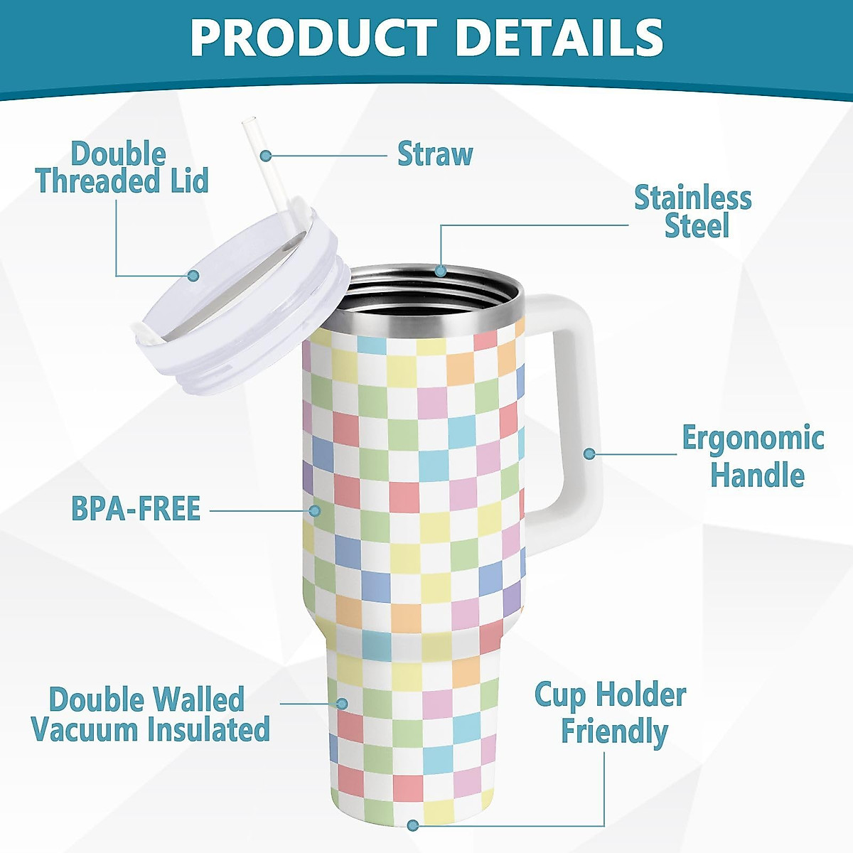 IHCVHQX Tumbler with Handle and Straw 40oz Checkered Rainbow Pattern Insulated Tumbler Cups Stainless Steel Travel Coffee Mug