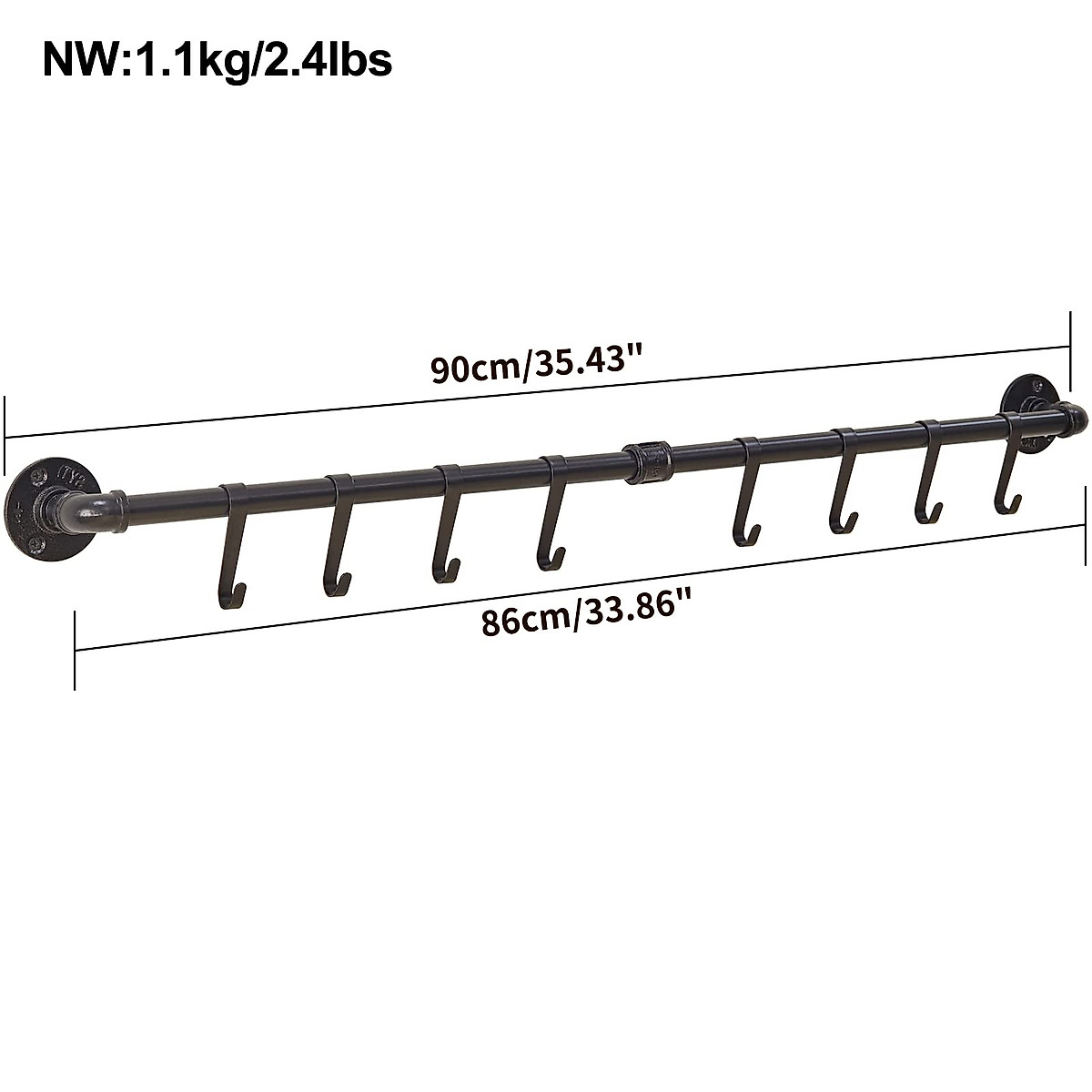 YMYNY Pot Rack Wall Mounted, 35.4" in Kitchen Utensils Hanging Rack Rail, Cookerware Storage Organizer, Coffee Mug Holder, for Kitchen, Entryway, Bathroom, Balcony, with 8 S-Hooks, HPR002H