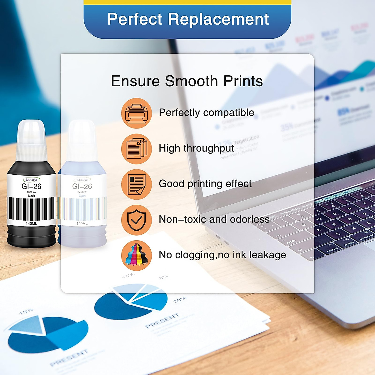 Topcolor GI-26 GI26 GX7021 Ink Refill Bottles Compatible for Canon 26 GI-26 GI26 Ink Bottles, Compatible for Canon MAXIFY GX6021 GX7021 GX7020 GX6020 GX4020 GX5020 GX3020 Megatank Printer Black Color