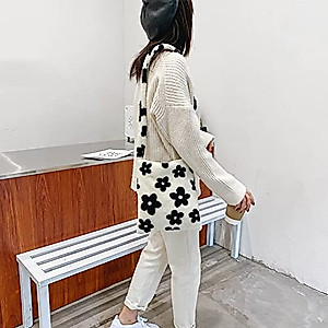 Shoulder Bags for Women Plush Tote Underarm Bags Soft Plush Flower Pattern Handbag Zipper Mini Armpit Bag (Long Black White)