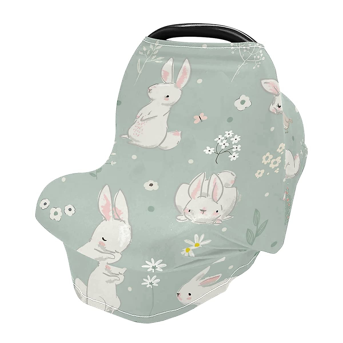 Cute Rabbit Bunny Flower Nursing Cover Breastfeeding Scarf, Stretchy Infant Carseat Canopy Multi-use Stroller Cover Car Seat Cover for Baby Girl Boy