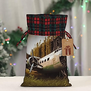Christmas Gift Bags with Drawstring Burlap Gift Bags Abandoned Plane Christmas Linen Bags for Xmas Party Candy Bags with Cards Xmas Reusable Wrapping Bags Christmas Linen Treat Bags for Holiday
