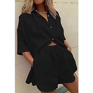 Fixmatti Two Piece Outfits for Women Short Sleeve Collar Button Shirt Top Loose Shorts Set Casual Tracksuit Streetwear Black L