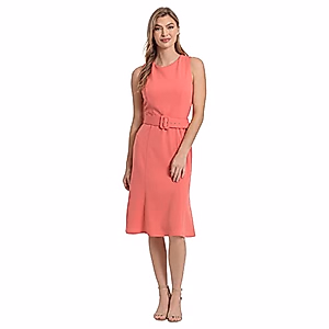 London Times Women's Plus Size Sleeveless Fluted Sheath with Belt, Dubarry Coral