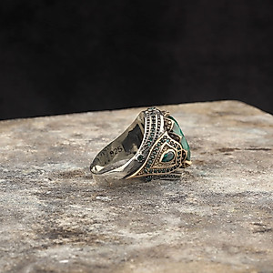 Emerald Stone Men Silver Ring, 925 Sterling Silver Emerald Gemstone Ring, Handmade Engraved Turkish Silver Ring with Natural Emerald Stone gifts for men handmade rings valentines day gifts for him