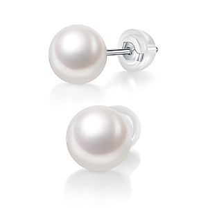 IMOLOVE AAA+ Handpicked White Real Pearl Earrings for Women with 7.5mm Round White Freshwater Genuine Cultured Pearls Stud Earrings for Women Sterling Silver with 18K White Gold Plated