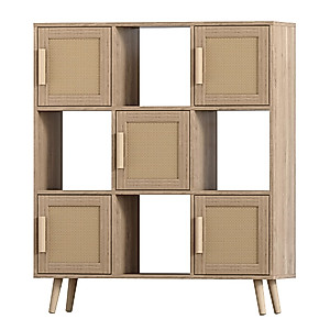 SSLine Boho Rattan 9-Cube Storage Organizer Rustic Wooden Bookcase with 4 Open Cubes & 5 Rattan Door Cabinets Free-Standing Bookshelf Display Cube Shelves for Living Room Home Office