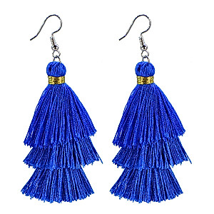 AD Beads Fashion Charm Crystal Silk Tassel 3 Layers Fan Fringe Dangle Earrings (16 Royal Blue)