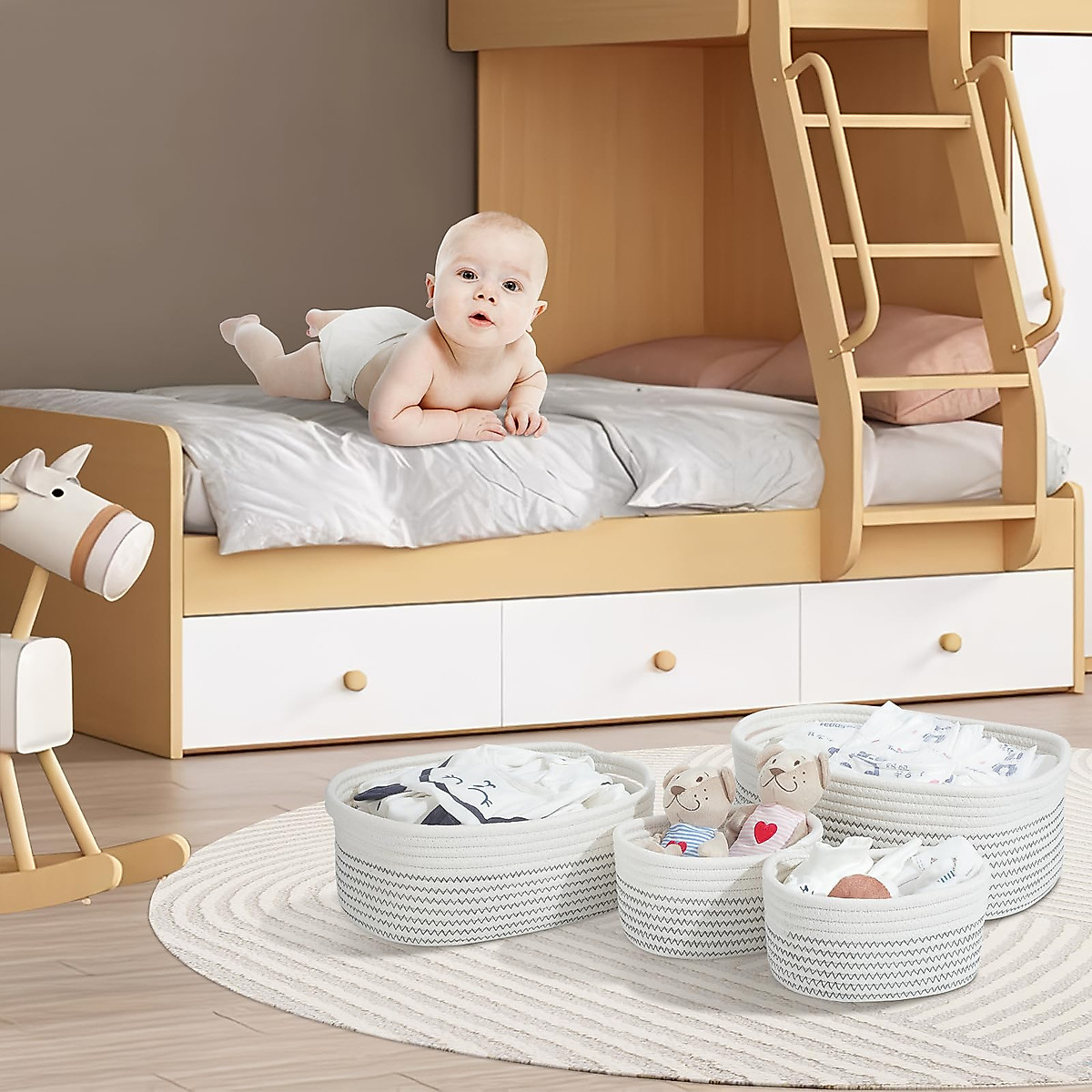 Baskets&Bins for Shelf Storage Organizing/Woven Baskets for Storage/Cotton Rope basket set of 4/Rectangle Toy Basket/Cute Storage for gift/for Bedroom with the Handle, Star Gauze, Ribbon (White)