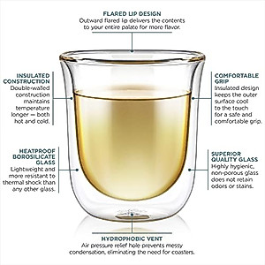 Teabloom Tulip Insulated Glasses for Tea, Espresso and Other Beverages - Double Walled Heatproof Glass Maintains Drinks Hot/Cold, 6 oz (Set of Four)