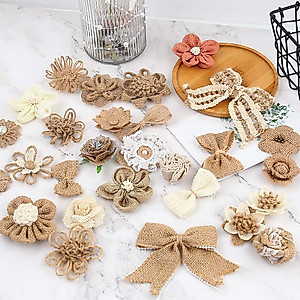 VGOODALL 32 PCS Natural Burlap Flowers Set,Burlap Lace Flowers Bowknot,for Wedding Party Decor Home,Embellishment DIY Crafts