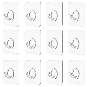 Qianyu 12 Pcs Adhesive Hooks for Hanging Clear Sticky Wall Hooks Heavy Duty Plastic Door Hooks No Drilling Strong Waterproof Sticker Hanger for Home Kitchen Bathroom Office Use