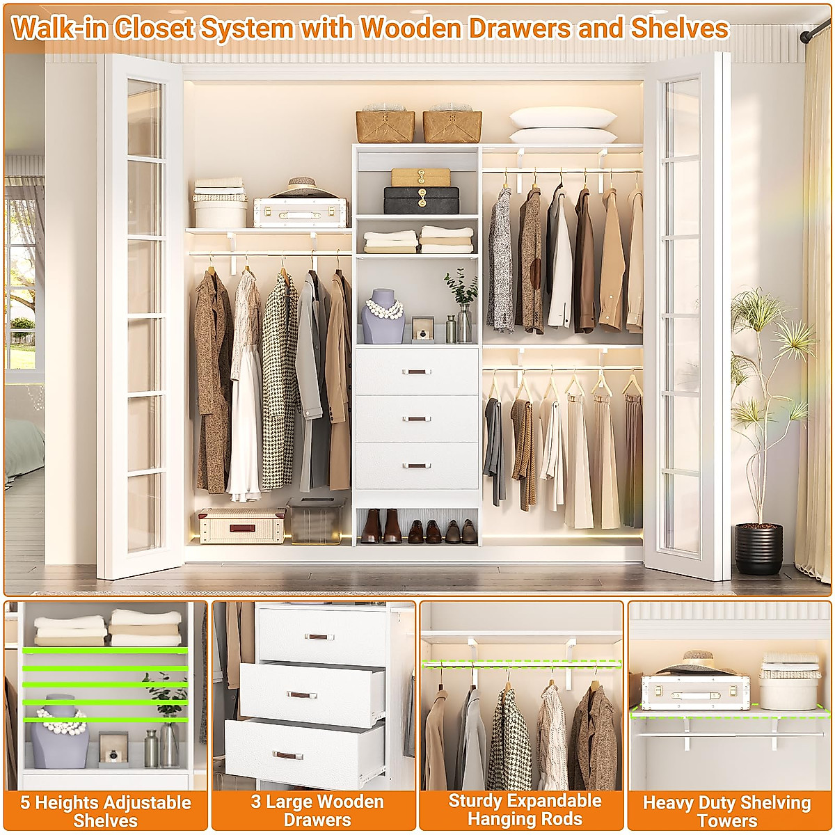 Cyclysio Closet System, 8FT Closet Organizer System with 3 Wooden Drawers, 96'' Walk-in Closet with 3 Hanging Rods & 3 Shelf Tower, Adjustable Wall Mount Closet Organizer, Build-in Garment Rack,White