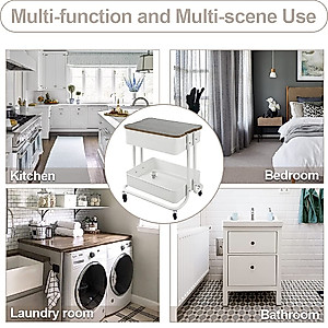 2 Tier Metal Utility Rolling Cart Storage Organizer with Cover Board, Mobile Trolley Sofa Side Table with Wheels for Office Home Kitchen Organization, White