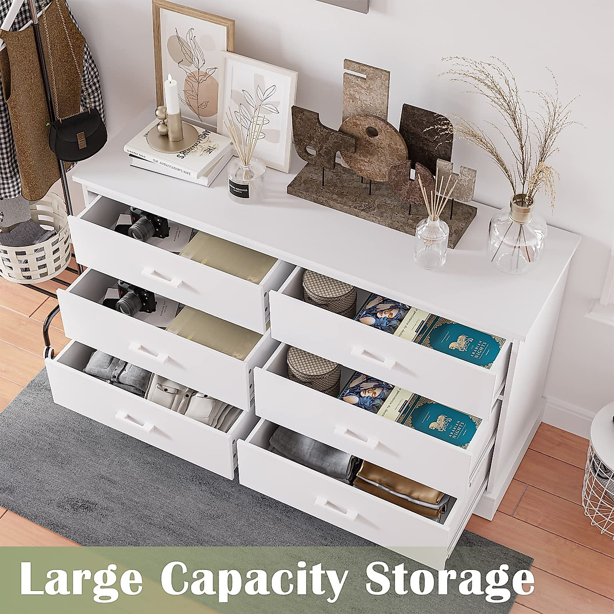 Hasuit White 6 Drawer Double Dresser for Bedroom, Wood Storage Tower Clothes Organizer, Wide Chest of 6 Drawers, Large Storage Cabinet, Dresser with Sturdy Base for Bedroom, Hallway, Entryway