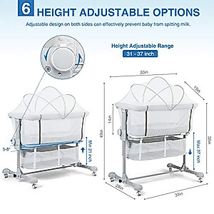 beiens Baby Bassinet 3 in 1, Baby Crib Bedside Sleeper with Detachable Mosquito Net, 6 Height Adjustable Easy Folding Bedside Bassinet Portable Nursery Bed for Infant, Newborn, Baby Boys & Girls