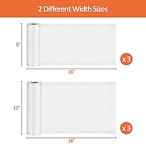 Anybear Vacuum Sealer Bags Rolls, 3 Pack 11''x16' & 3 Pack 8''x16' Commercial Food Storage Bags for Custom Fit with BPA Free and Heavy Duty, Use for Storing Raw and Cooked Foods Meal Prep or Sous Vide