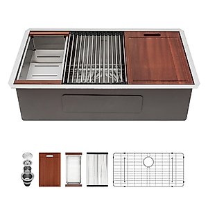 Sarlai 36 Inch Undermount Kitchen Sink Workstation Single Bowl 16 Gauge Stainless Steel Under Counter Kitchen Sinks Large Basin with Round Corners 36x19x10 In